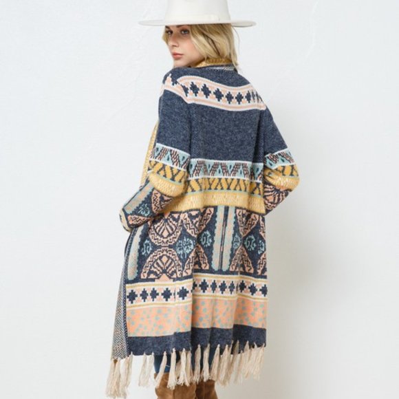 Shop_Fig | Sweaters | New Aztec Fringe Western Long Navy Cardigan ...